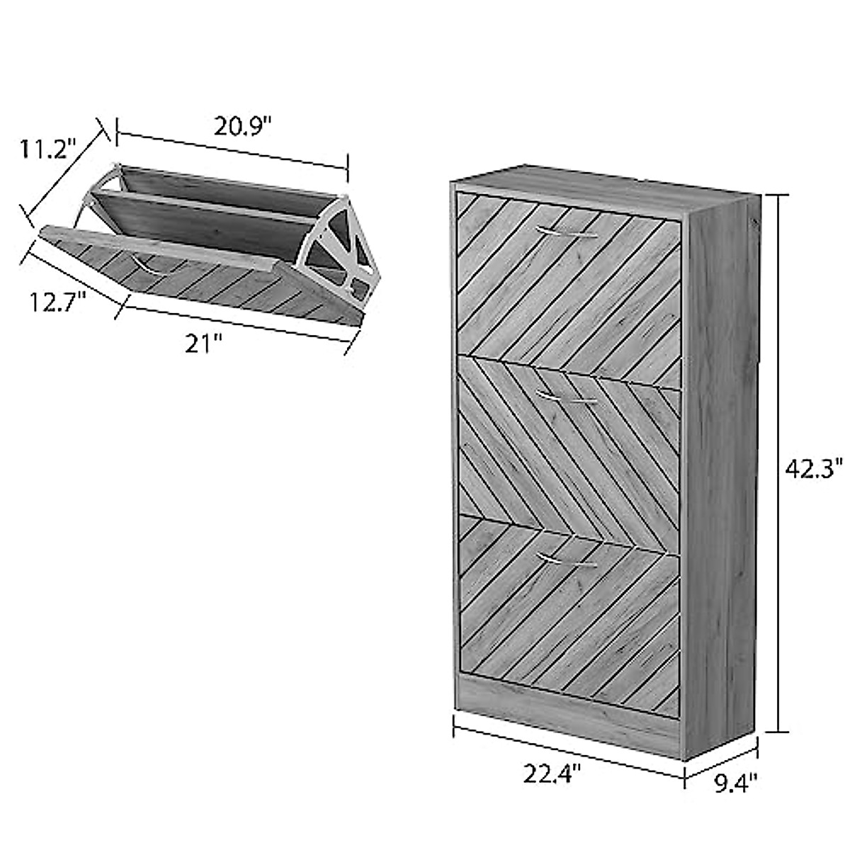 FAMAPY Modern Shoe Cabinet with 3 Flip Drawers, Freestanding Shoe Storage Cabinet, Slanted Design, Shoe Storage Organizer for Hallway Entryway Grey (22.4”W x 9.4”D x 42.3”H)