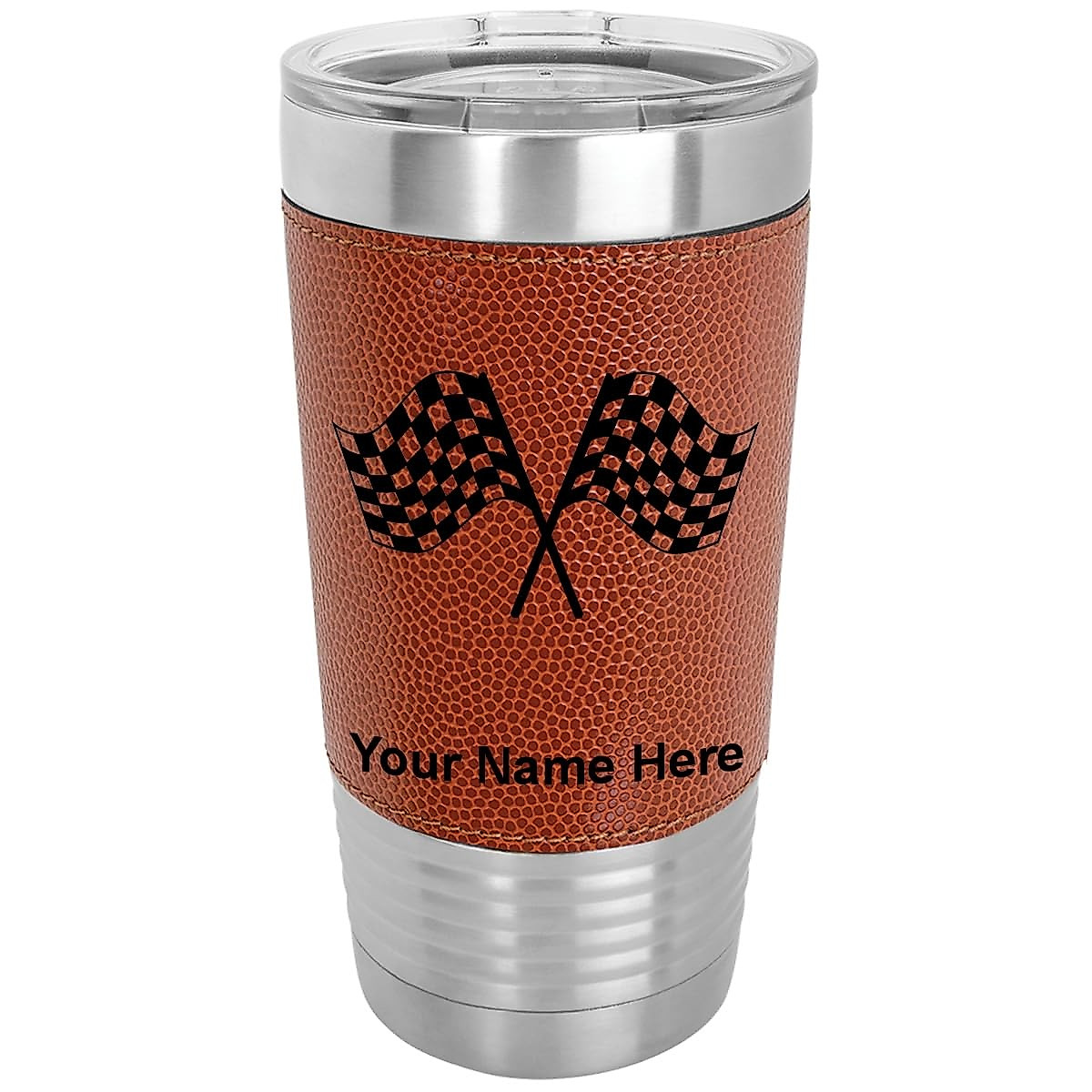LaserGram 20oz Vacuum Insulated Tumbler Mug, Racing Flags, Personalized Engraving Included (Faux Leather, Basketball Style)