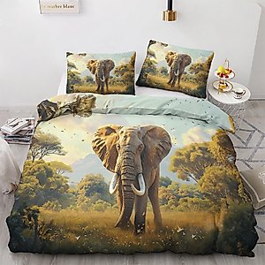 Epzthxlyr Elephant Duvet Cover Full Size, Grassland Animal Bedding Set 3 Pieces Set, Soft Microfiber, with Zipper and Corner Ties, Wild Animal Comforter Cover 1 Duvet Cover + 2 Pillow Cases