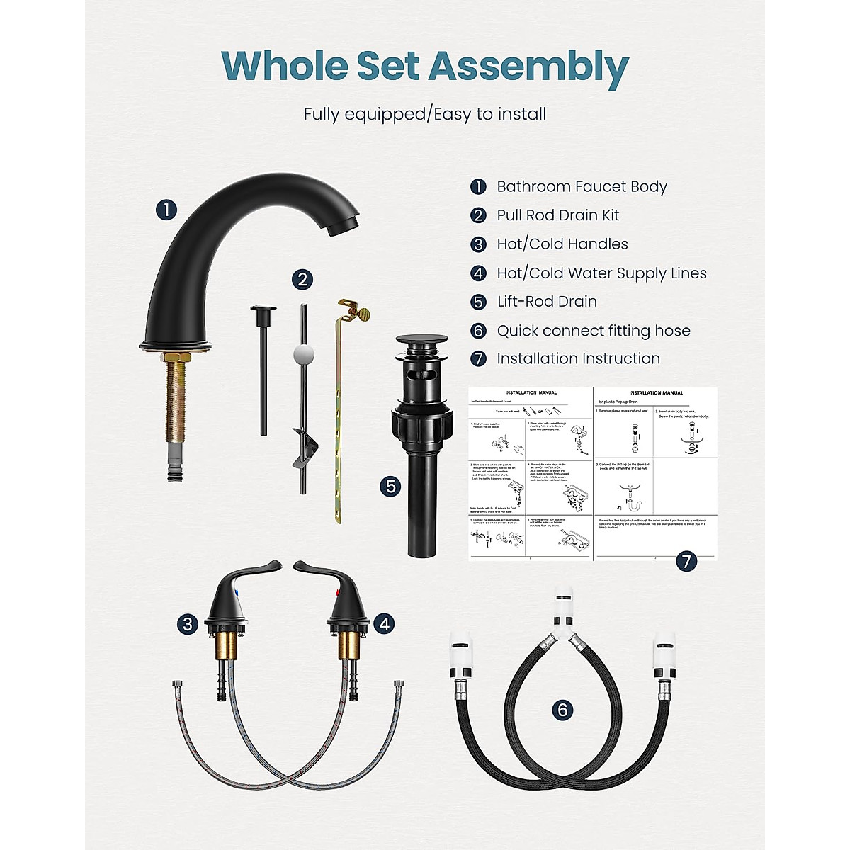 Black Bathroom Faucets, Faucet for Bathroom Sink - 2 Handle Basin Faucet, 3 Hole 8 Inch Widerspread Bathroom Faucet with Lift Rod Drain Assembly, Water Supply Lines Faucets for RV Bath Vanity