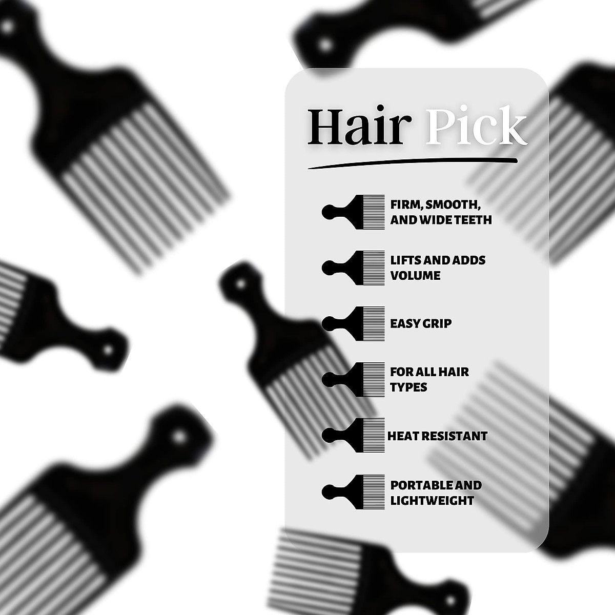 Vakly Hair Pick Comb - Wide Tooth Afro Lifts, Pack of 4 Combs - 5.25 Inch - for Hair Styling, Lifting, Detangling, Adding Volume for Long Curly and Thick Hair, Wigs and Beards for Men & Women