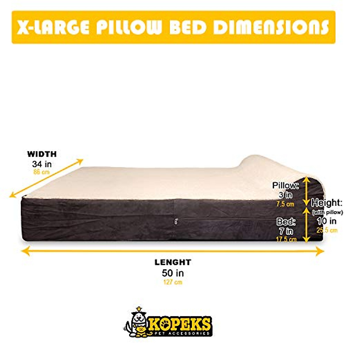 KOPEKS Jumbo Orthopedic Dog Bed - 7-inch Thick Memory Foam Pet Bed with Pillow with Removable Cover & Free Waterproof Liner - for Large Breed Dogs, XL, Brown-Plush Top