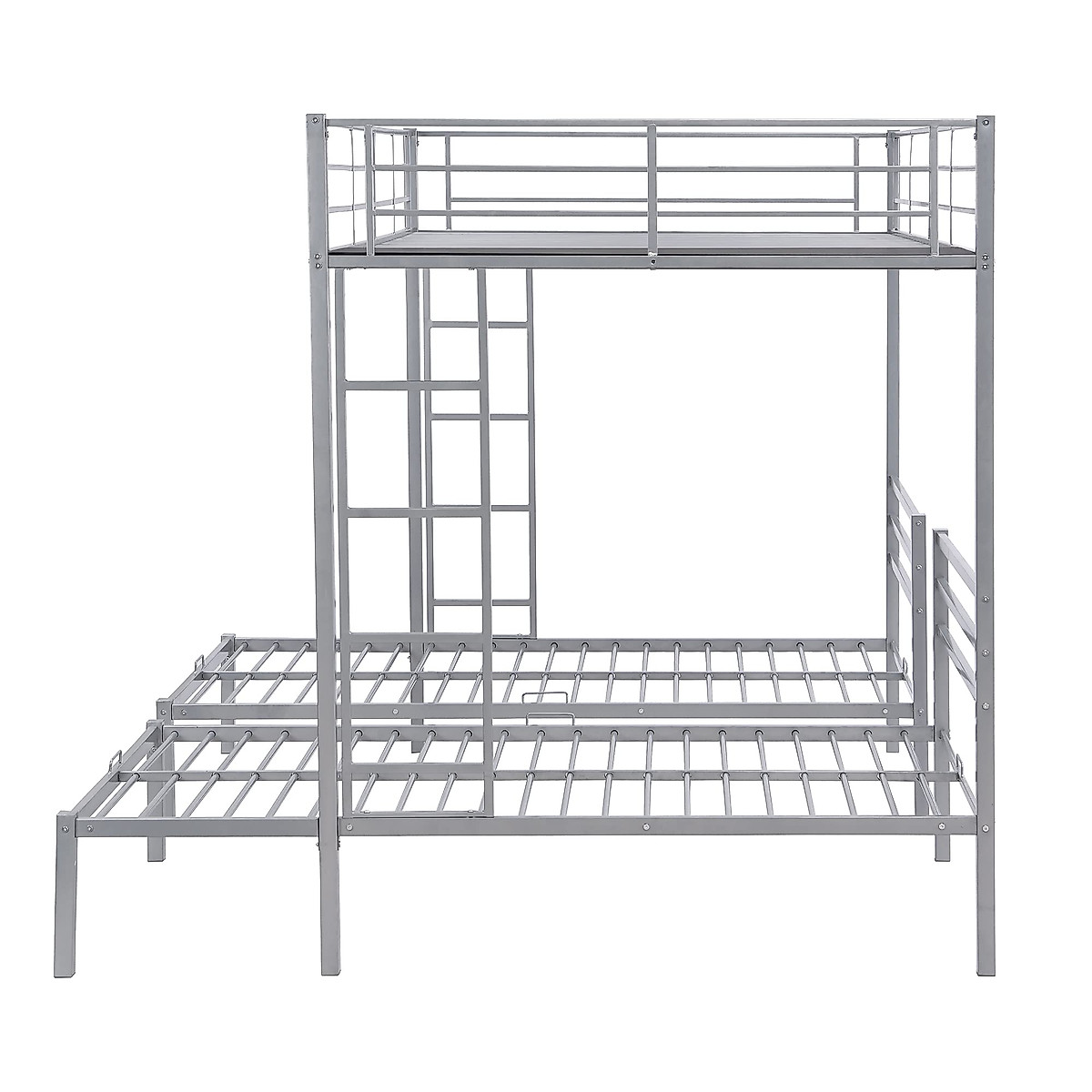 RUNWON Meta L Shaped Triple Bed - Sturdy Full Over Twin & Twin Bunk Bedframe with Built-in Shelf and Ladders for Three Kids or Teens