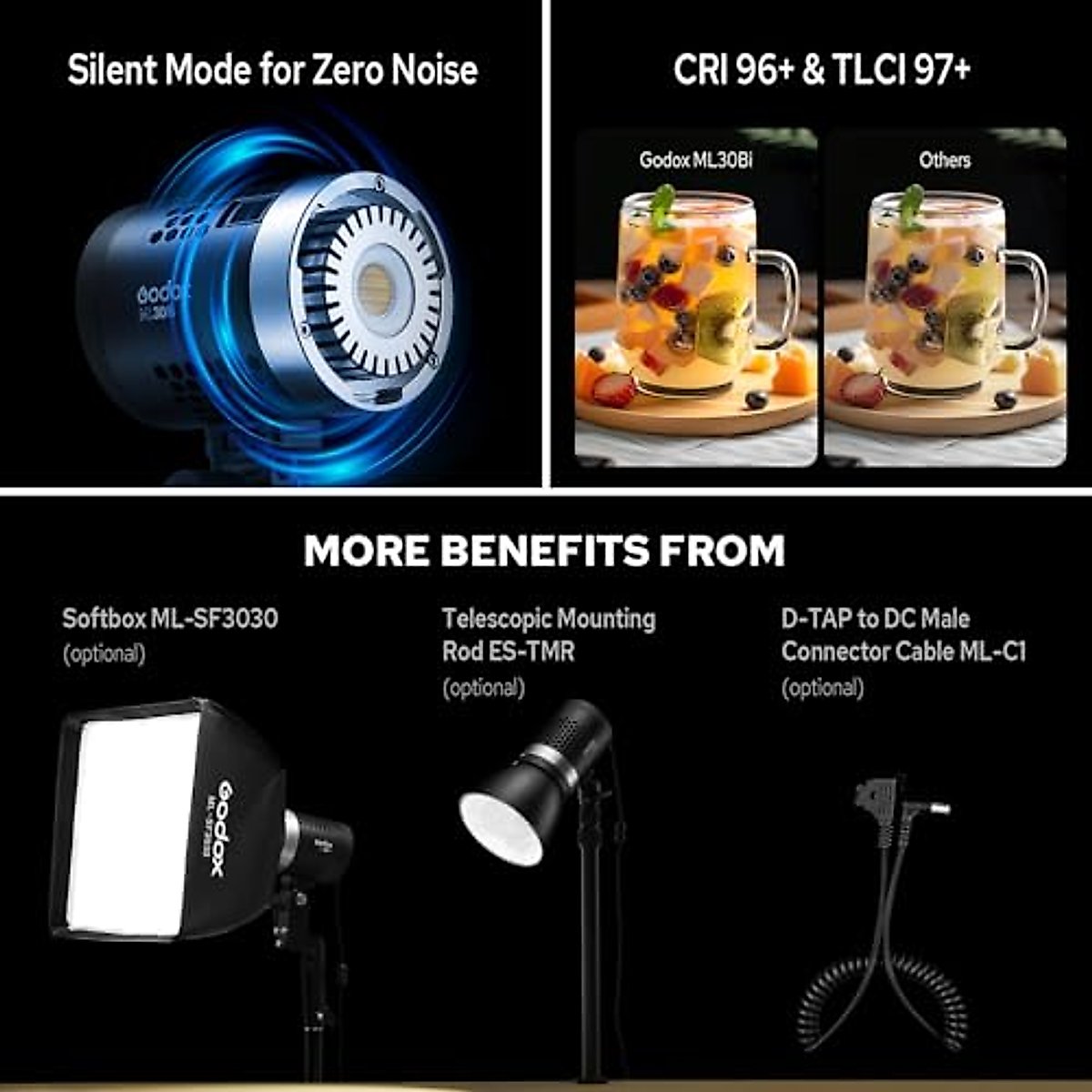 Godox ML30Bi Handheld Bi-Color LED Video Light, Portable Studio LED Continuous Light 2800K-6500K, 41000 lumens CRI 96+ TLCI 97+, 21 FX Effects, APP Control, Silent Mode, Compatible with Godox Mount