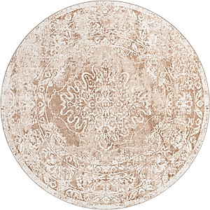 Rugs.com Oxford Collection Rug – 7' Round Beige Low Rug Perfect for Kitchens, Dining Rooms