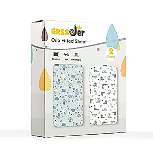 GRSSDER Stretchy Ultra Soft Jersey Knit Fitted Crib Sheets Set 2 Pack, Cozy Crib Sheet Fits All Standard Crib Mattress Pads, Happy Dinosaurs Print Crib Sheets for Boys and Girls