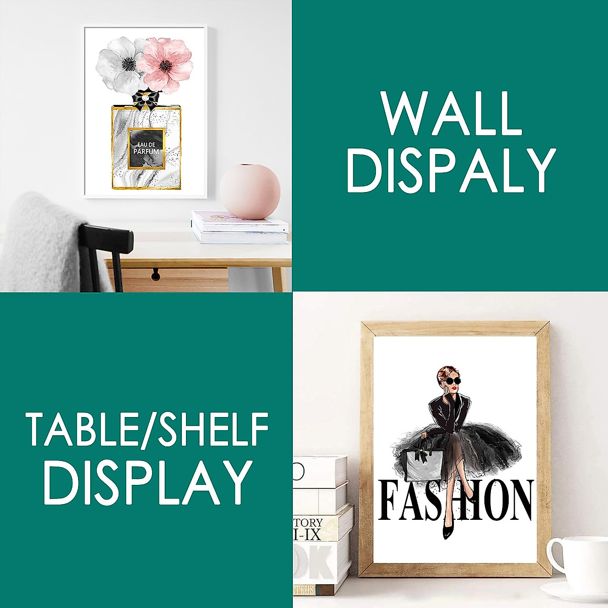 Lodintech Fashion Wall Art Bedroom Aesthetic Canvas Pink Art Prints Wall Decor Black White Fashion Posters Wall Pictures Gray Pink Room Decor Perfume High Heels Flowers Wall Art Prints 8x12'' Unframed