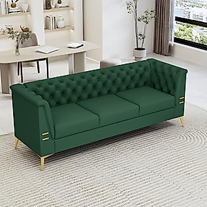 ERYE Mid-Century Modern PU Leather Button Upholstered Chesterfield 3 Seaters Sofa Couch, Golden Legs, Flared Padded Armrest,Removable Cushions Cover for Living Room,Bedroom,Office,Apartment