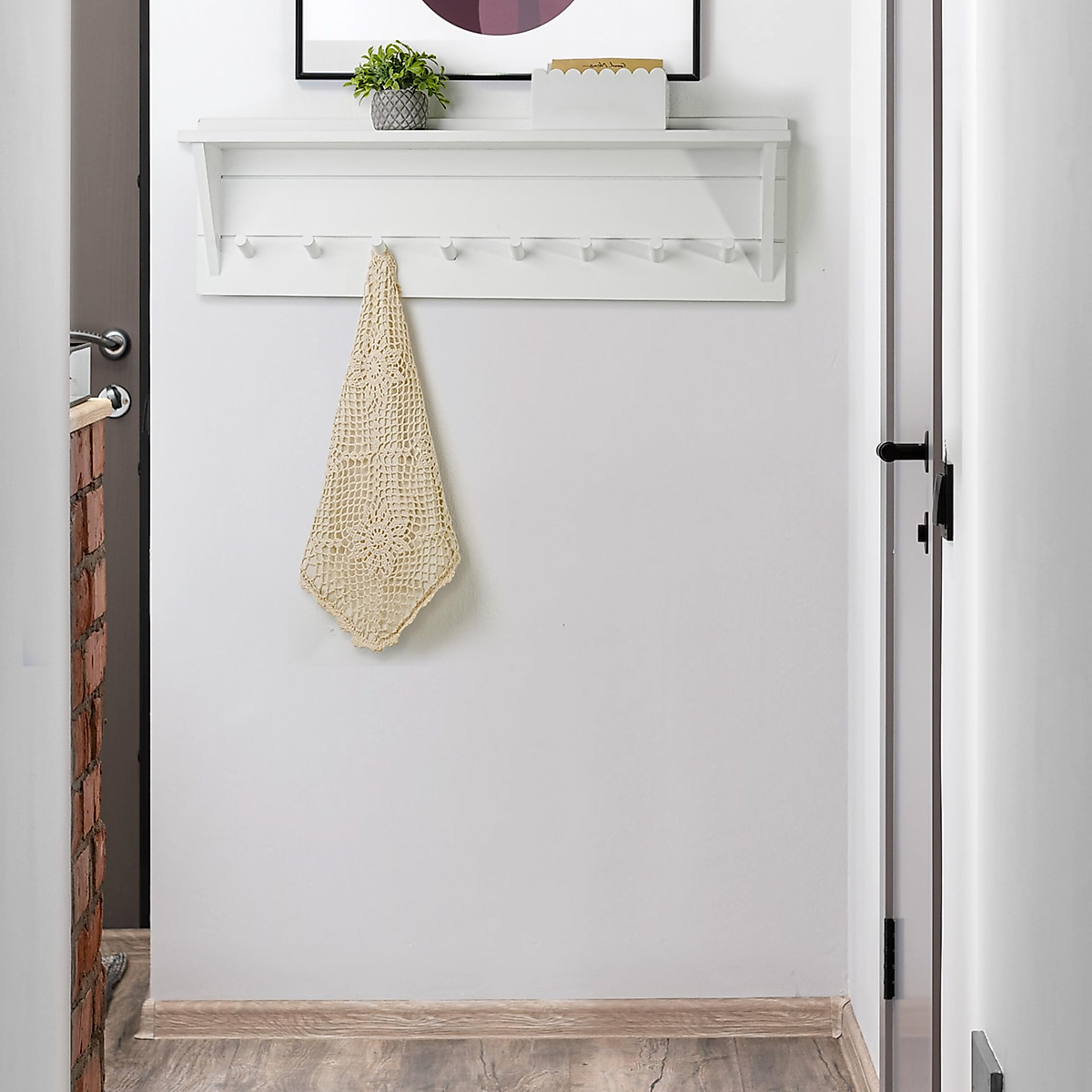 WEBI Coat Rack Wall Mount with Shelf,8 Peg Hooks,34" Long Entryway Shelf with Hooks Underneath for Hanging Coats,Caps,Jacket,Clothes,White
