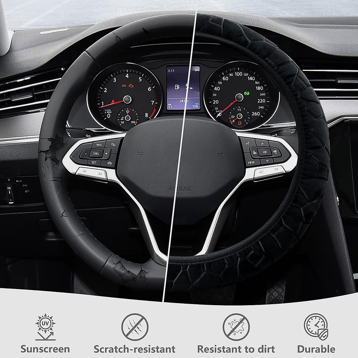 ZATOOTO Black Fuzzy Steering Wheel Cover for Women Men, Soft Comfy Grip Anti-Slip Car Steering Wheel Cover Protector Universal for Cars,Suvs,Trucks,Sedans