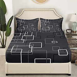 Black Grey White Sheet Set,Geometric Square Bed Sheets for Kids Boys Girls,Geometry Ombre Stripes Bedding Set King,Modern Simple Style Fitted Sheet Wrinkless + Top Sheet + 2 Pillowcases Bedroom Decor