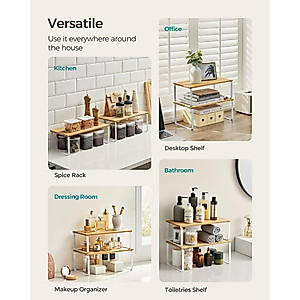 SONGMICS Cabinet Organizer Shelf, Set of 2 Kitchen Counter Shelves, Kitchen Storage, Spice Rack, Stackable, Expandable, Metal and Engineered Wood, Cloud White and Natural Beige UKCS200W01