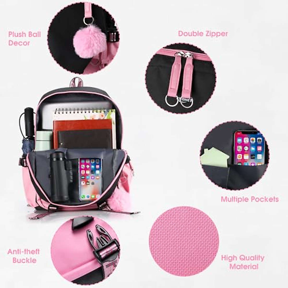FRONET Backpack for Girls Teenage School Bags for Elementary Middle High Student Kids Casual Laptop Daypack Grade 7 8 9 10 Ages 11 12 13 14 15 16 Children Kawaii Pink Bookbag Set with Lunch Bag