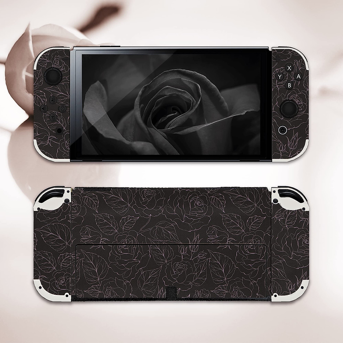 BelugaDesign Rose Switch Skin | Pastel Sticker Wrap Vinyl Decal | Flower Valentine Cute Compatible with Nintendo Switch (Switch OLED, Black)