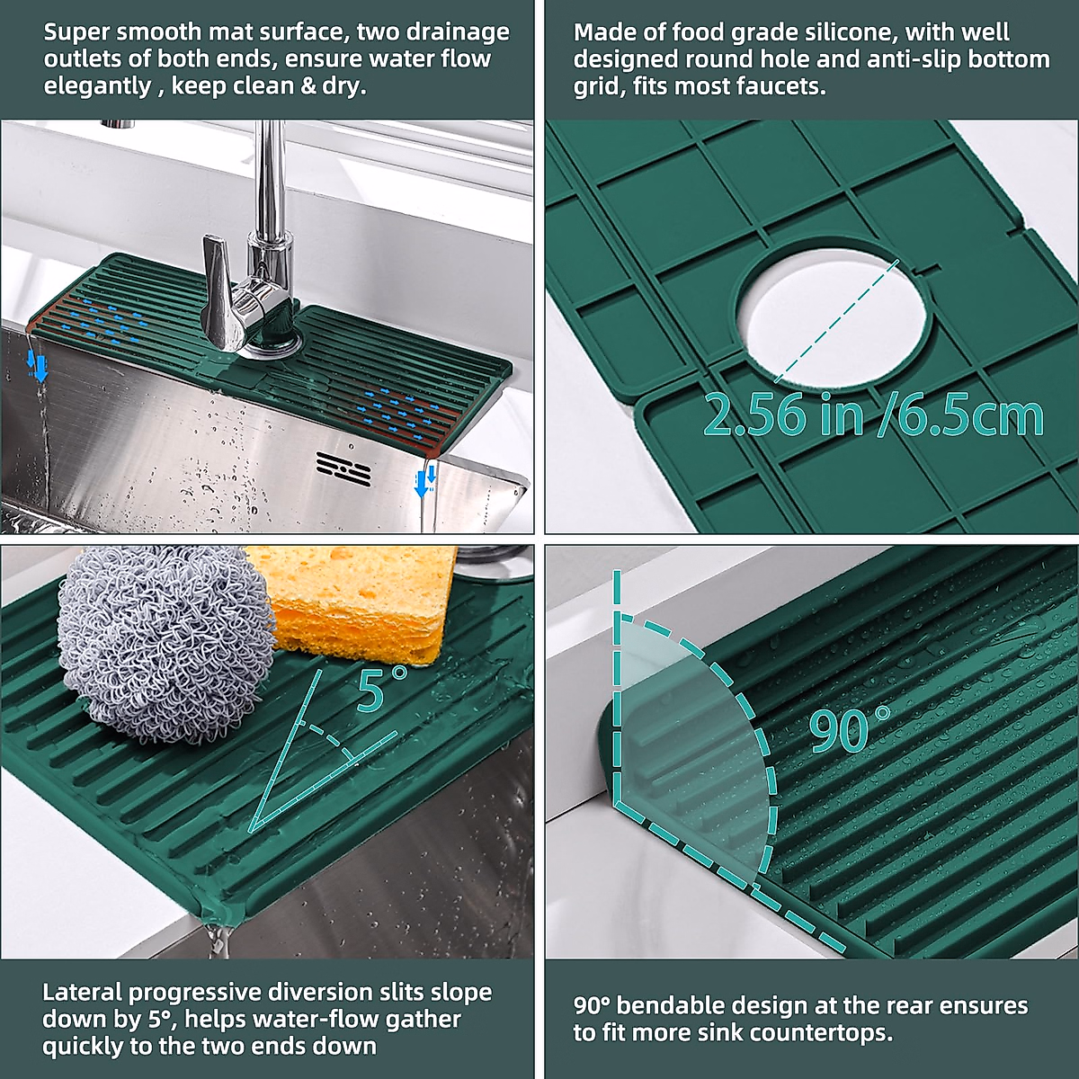 Amyandone Faucet Mat for Kitchen Sink, Silicone Faucet Handle Drip Catcher Tray, Drying Mat as Sponge and Soap Holder with Lateral Inflow for Kitchen Bathroom Farmhouse & RV Sink Accessories (Green)
