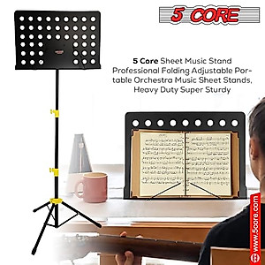 5 Core Sheet Music Stand -Dual Use Professional Portable Music Stand, Metal Desktop Tripod Music Book Stand & Orchestral Sheet Stand, Folding Adjustable Sturdy Heavy Duty for Performance & Band