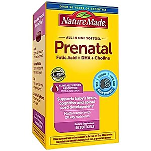 Nature Made Prenatal Multivitamin with Folic Acid, DHA and Choline, Dietary Supplement for Prenatal Nutritional Support, 60 Softgels, 60 Day Supply
