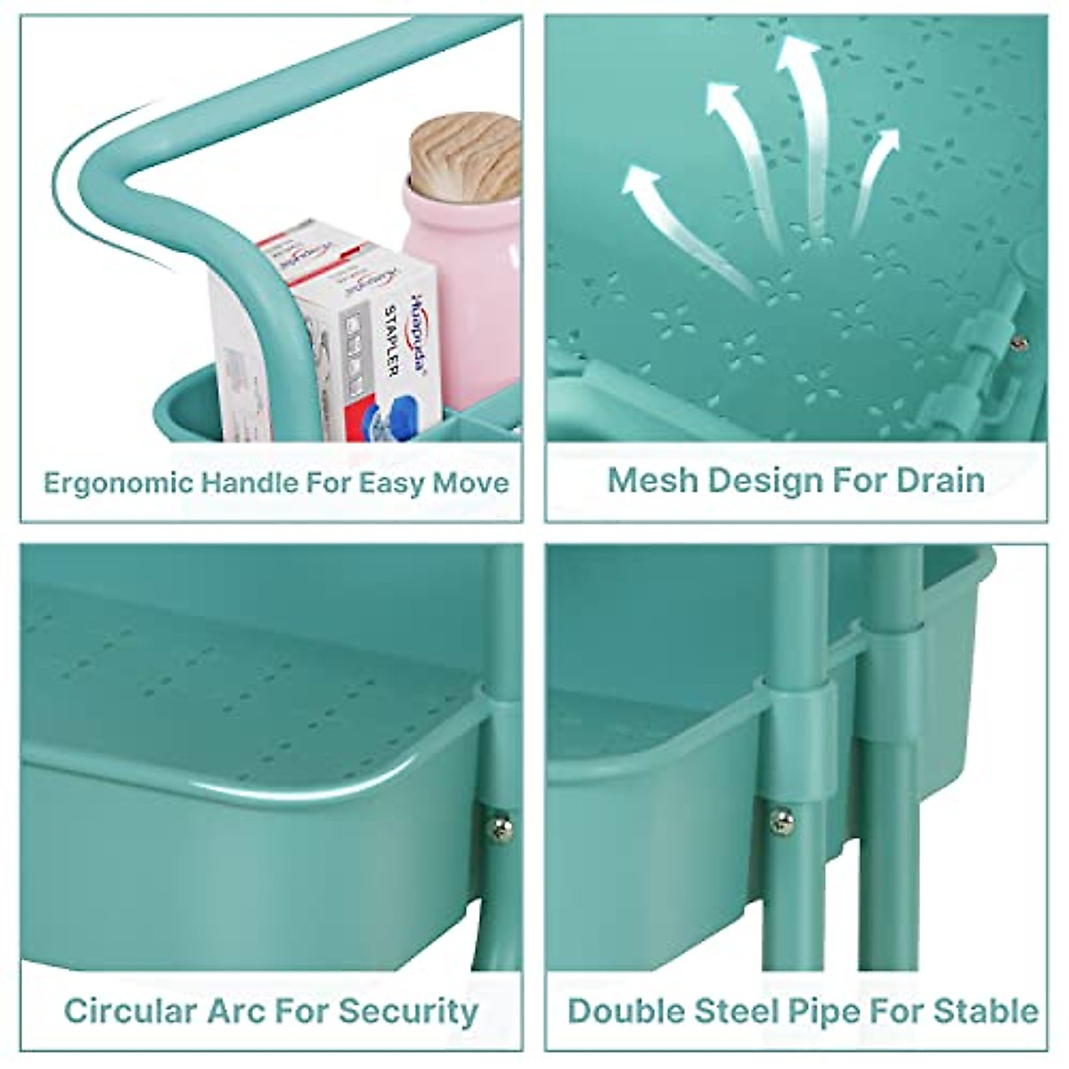 E&D FURNITURE 3 Tier Rolling Storage Cart with Wheels, Utility Art Craft Supply Cart Organizer on Wheels, Multipurpose Adjustable Makeup Cart Hair Salon Trolley with Handle & Hanging Cups Blue