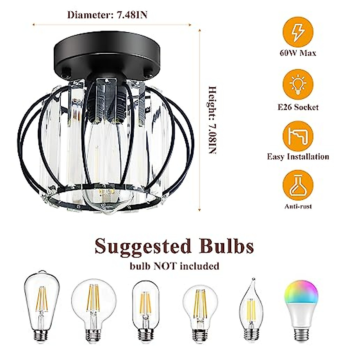 IBBIBABO 2-Pack Industrial Semi Flush Mount Ceiling Light Fixtures, Black Modern Crystal Ceiling Lights, Farmhouse Ceiling Lamps for Bedroom Living Room Hallway Entryway Kitchen Bathroom, E26 Socket