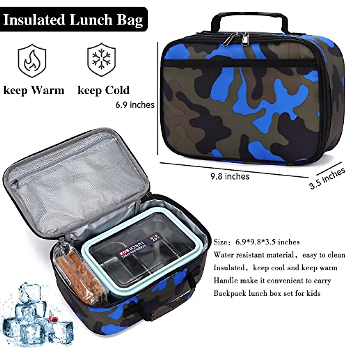 Yvechus Camo Backpack Set with Lunch Bag Lightweight Waterproof School Backpack Bookbag for Boys Girls (C-Style Camo Blue)
