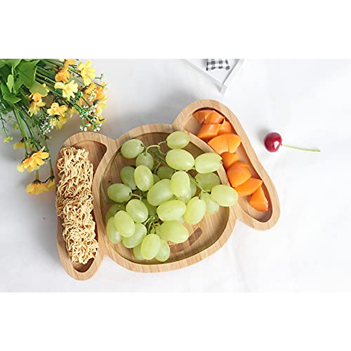 Baby Bamboo Plates with Suction Toddler Cute Dog Plates Natrual Bamboo Feeding Dishes for Kids Children (Green)