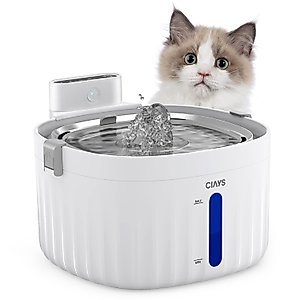 Ciays 70.4oz/2L Cat Water Fountain Automatic Induction Water Dog Water Fountain with Battery & Power Cord Powered Pet Water Fountain Bowl with Stainless Steel Drinking Tray for Pets, White