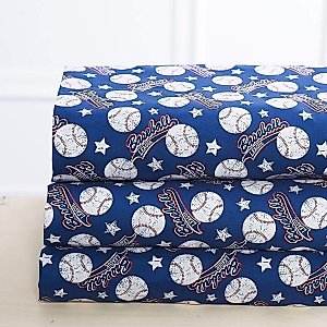 Elegant Homes Blue White Red Baseball League Sports Design 4 Piece Printed Sheet Set with Pillowcases Flat Fitted Sheet for Boys/Kids/Teens # Baseball (Full)