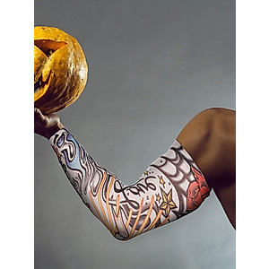 Boao 20 Pcs Men's Cooling Arm Sleeves Long Fingerless Arm Cover Anti Slip UV Protection Sun Temporary Tattoo Arm Sleeves (Novelty Style,Medium)