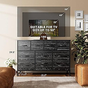YaFiti Dresser TV Stand with Power Outlet, 43" Long Dresser for Bedroom with 10 Fabric Drawers, Chest of Drawers for Living Room, Hallway (Black Wood Veins)