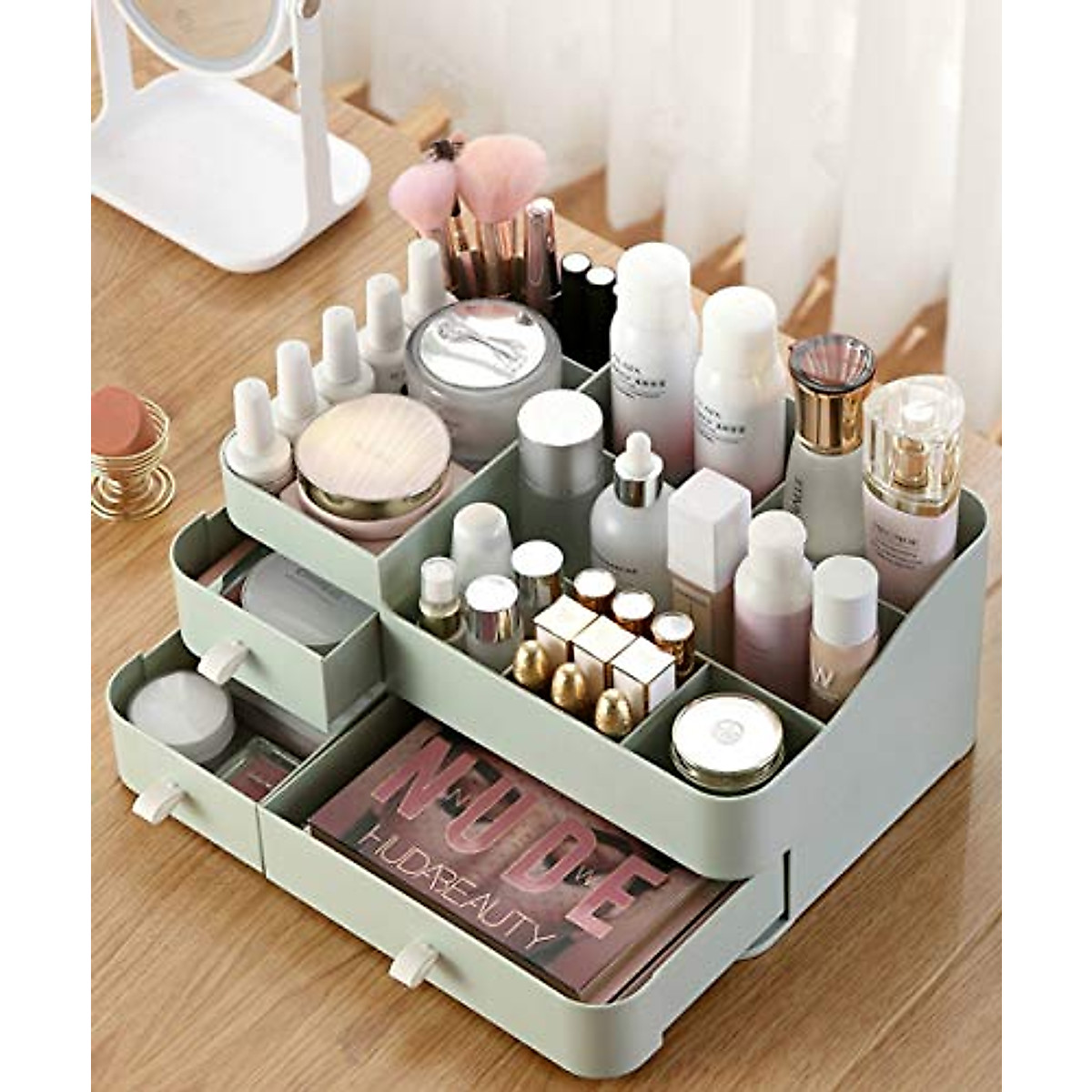 MIUOPUR Makeup Organizer for Vanity, Large Capacity Desk Organizer with Drawers for Cosmetics, Lipsticks, Jewelry, Nail Care, Skincare, Ideal for Bedroom and Bathroom Countertops - Large Green