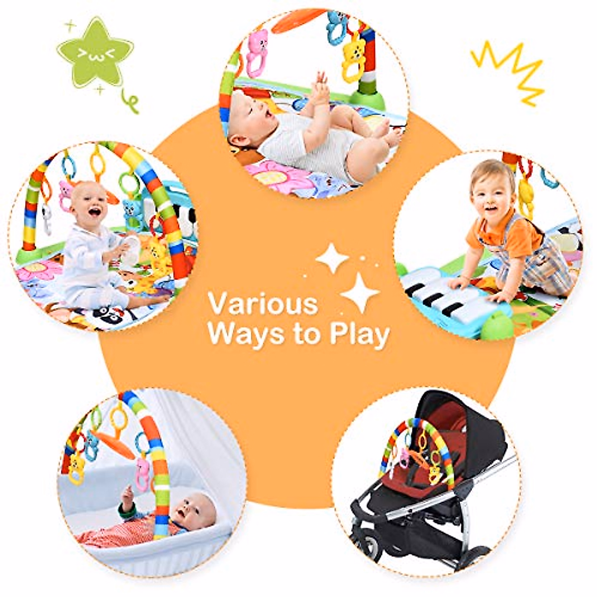 BABY JOY Baby Play Mat, Kick and Play Gym with Detachable Piano, Foot Gym Carpet Piano Fitness Rack, 4 Rattle Pendants and 1 Mirror, Ideal for Baby Room (Rainbow)