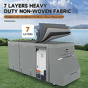 VINPATIO Class C RV Cover Extra Thick 7 Layer Top, Fits 26'-29' RV, Heavy Duty Windproof Class C Cover, Waterproof Anti-UV Camper Cover with RV Accessories 2 Extra Long Straps, Gutter Covers