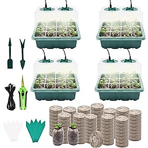 LAWNFUL Illuminated Seed Starter Tray Kit: 60 Peat Pellets + 4 Pack Germination Trays with Grow Light & Humidity Dome + 80 Plant Labels + Scissor + Gardening Tools Seedling Boxes Set