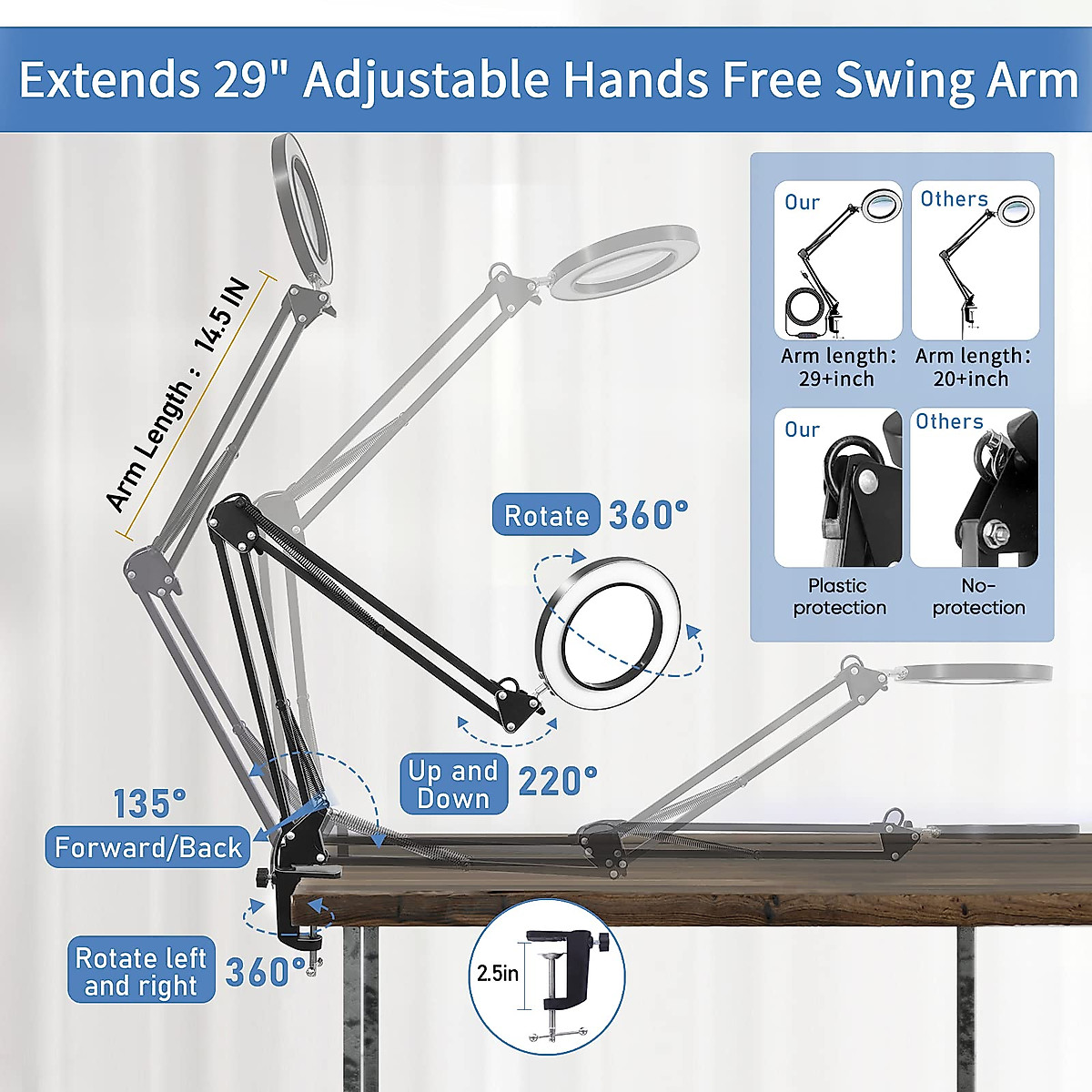Arsir Magnifying Glass with Light Clamp - 5X Magnifier 29" Swing Arm Hand Free Desk Lamp with 80 LED Light&3 Color Mode for Close Work, Seniors Reading,Crafts,Soldering,Painting,Repair,Jewelry,Sewing