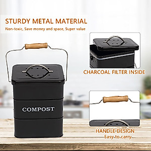 Compost Bin Kitchen Countertop Indoor Compost Pail Bucket, Great for Food Scraps, Carbon Steel, Handles, Black, 1 Gallon - Includes Charcoal Filter
