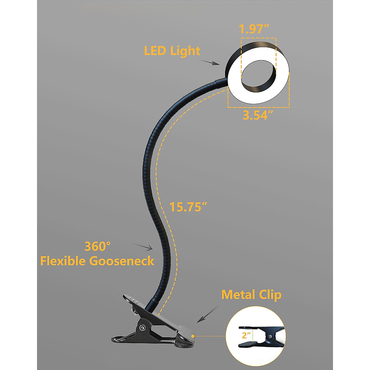 KOTUDAY Clip on Desk Lamp with Clamp for Reading Home Office, 360° Ajustable Clip Light for Bed Headboard, Bedside or Desk with 10 Dimmable Brightness 3 Eye-Care Color Modes