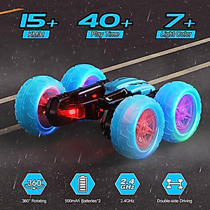 Remote Control Car Toys for Ages 8-12, 2.4Ghz RC Car with Headlights Wheel Lights, Off Road 4WD Rechargeable RC Stunt Car, RC Cars Toys Birthday for Kids Boys Girls (Blue)