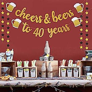 40th Birthday Decorations for Men/Women - 40th Birthday Gifts - Cheers & Beers to 40 Years Gold Glitter Banner - 40th Anniversary Decorations for Party, 40th Wedding Party Supplies for Couple