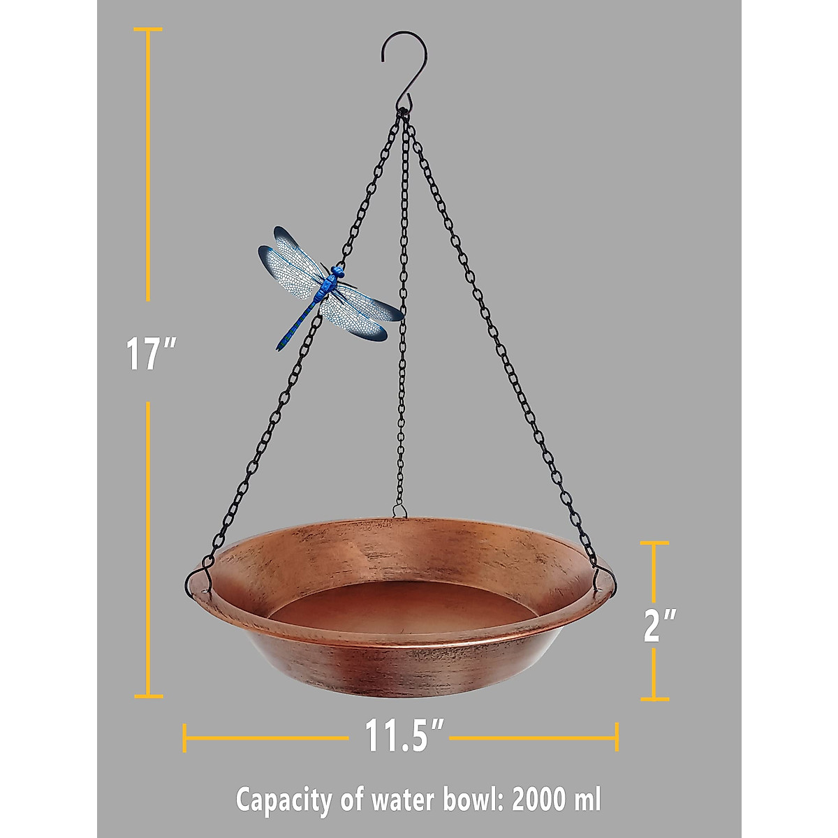 Keygift Hanging Bird Bath for Outdoor, Antique Copper Metal Bird Feeder Birdbath Bowl with 17” Rust-Proof Black Chains for Garden Backyard Decor