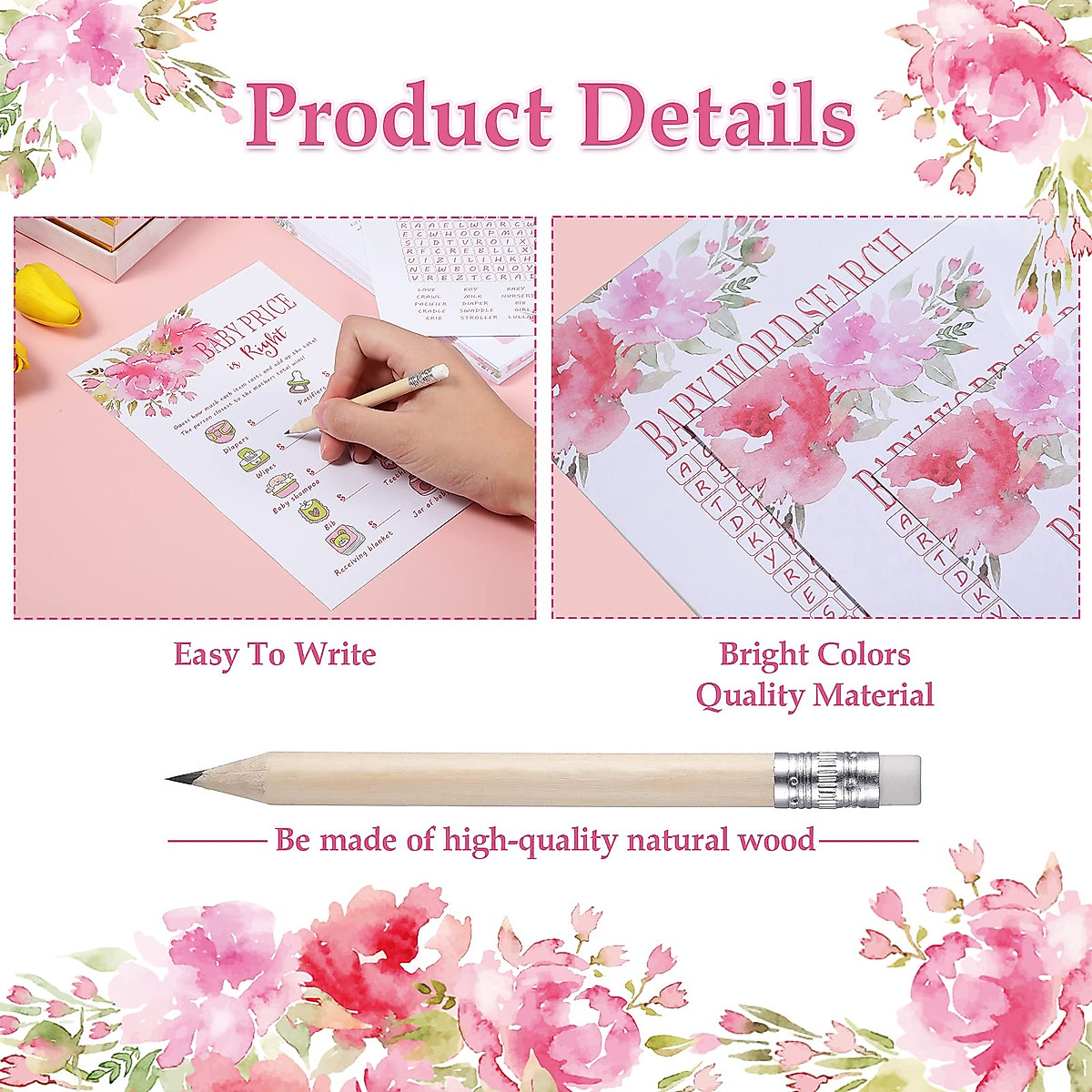 Outus 125 Pieces Floral Baby Shower Game for Girls 5 Games 20 Fun Complementary Pencils Baby Shower Games Activities Include Baby Descriptions and Wishes, Guess Who Games(250 Pieces)