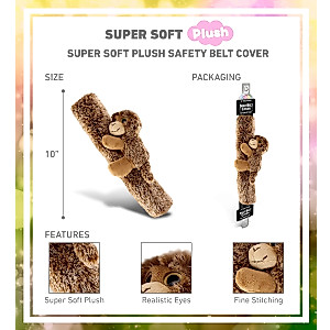 DolliBu Brown Monkey Plush Car Seatbelt Cover - Soft Fluffy Cushion Support for Safety Seat Belt Strap Cover, Decorative Wild Life Stuffed Animal Padded Toy Cute Vehicle Accessory for Kids & Adults