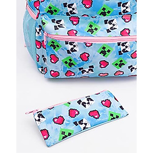 Minecraft Backpack and Lunch Box Set for Girls | Kids 4 Piece Creeper Panda Hearts Blue School Rucksack, Lunch Bag, Pencil Case, Water Bottle One Size, Blue, One Size, Rucksack Backpacks