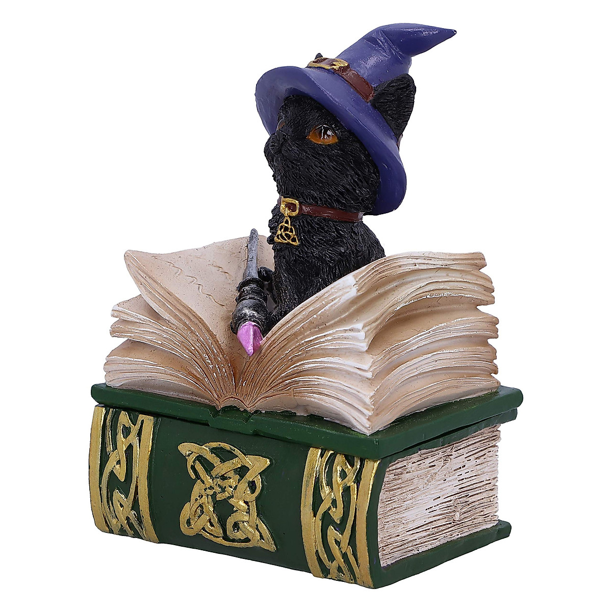 Nemesis Now Binx Small Witches Familiar Black Cat and Spellbook Figurine Box, Green, 11cm
