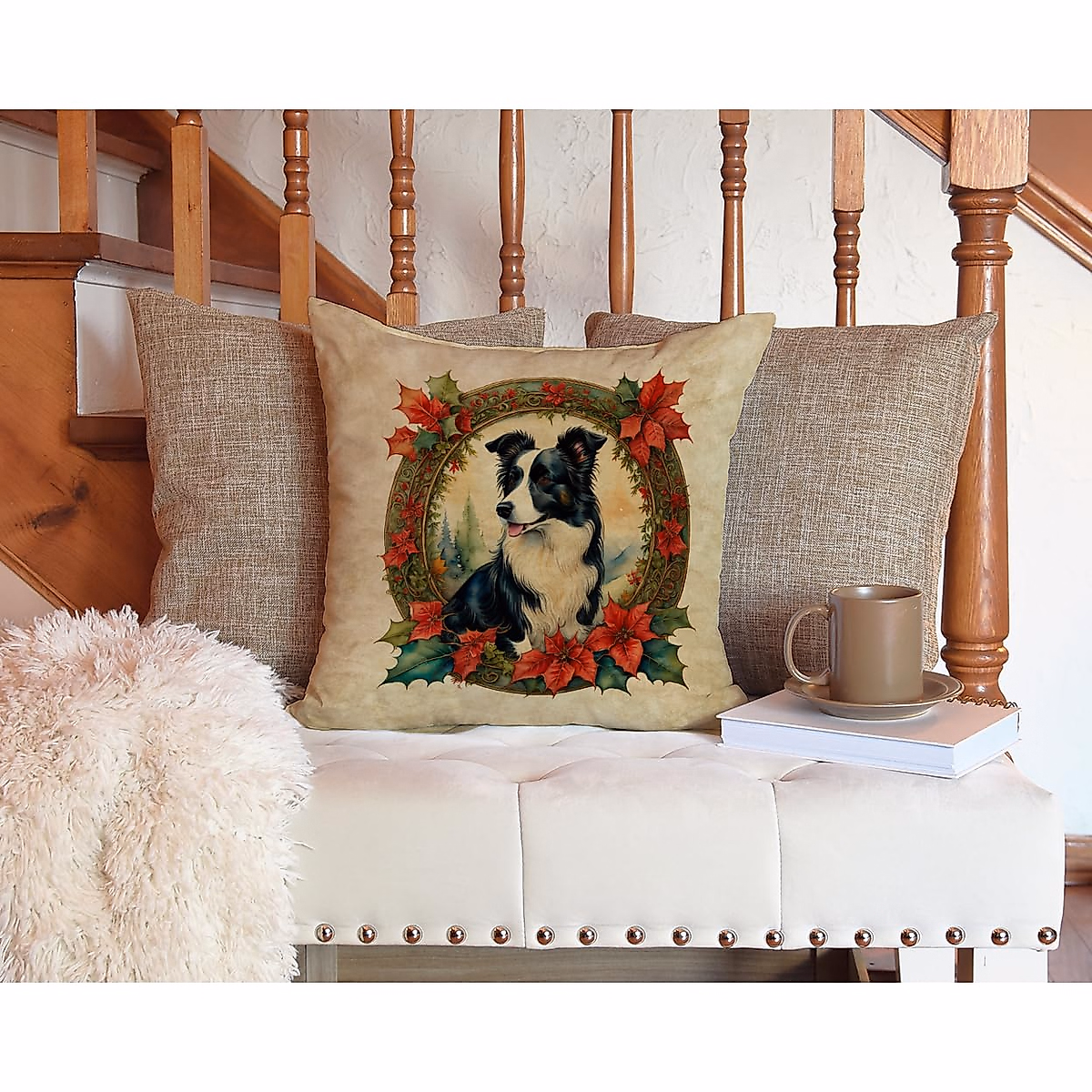 Caroline's Treasures DAC2324PW1414 Border Collie Christmas Flowers Throw Pillow Machine Washable, Indoor Outdoor Decorative Pillow for Couch, Bed or Patio, 14Hx14W