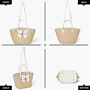 Like Dreams Women Fashion Hand-woven Straw Tote Bag Vegan Leather Bowtie Polka Inner Structured Summer Beach Handbag (White)