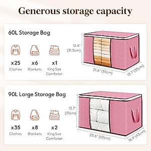 Lifewit 90L Large Storage Bags, 6 Pack Closet Organizers and Storage, Clothes Storage Bins with Lids, Foldable Storage Containers with Reinforced Handles for Clothing, Blanket, Bedding, Comforter Pink
