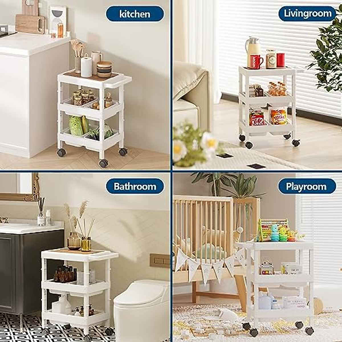 KLONVS 3-Tier Plastic Rolling Utility Cart with Handle, Multi-Functional Storage Trolley for Office, Living Room, Kitchen, Movable Storage Organizer with Wheels, White