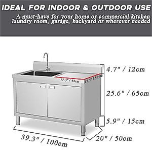 IOXGSGI Stainless Steel Commercial Sinks with Drainboards Faucet, Free Standing Sink 1 Compartment Large Utility Sink Garage Sink, Durable and Heavy-Duty, for Restaurant, Bar, Kitchens, Bathrooms