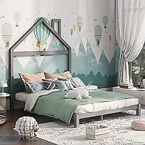Harper & Bright Designs Full Size Kids Bed Frame with House-Shaped Headboard, Toddler Floor Bed with Solid Wood Slats,Full Platform Bed Frame for Girls Boys,No Box Spring Needed,Gray