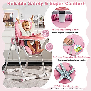 BABY JOY High Chair for Babies & Toddlers, Foldable Highchair with Adjustable Backrest/Footrest/Seat Height, Double Removable Trays, Detachable Seat Cushion, 4 Lockable Wheels (Pink)